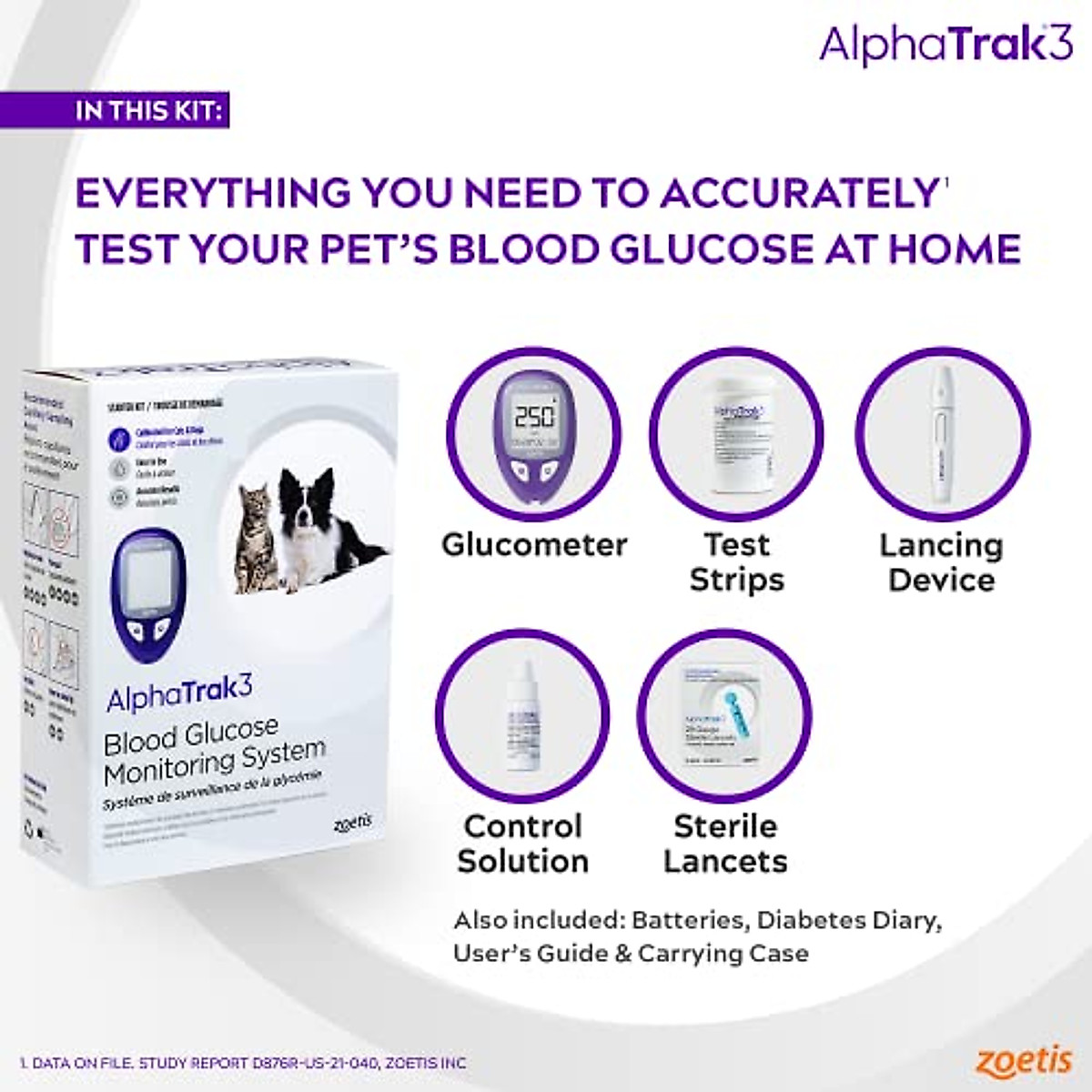 AlphaTrak 3, 8 Piece Pet Blood Glucose Monitoring Kit For Diabetic Cats And Dogs, All-In-One Solution for In-Clinic Or At Home, With Digital Results
