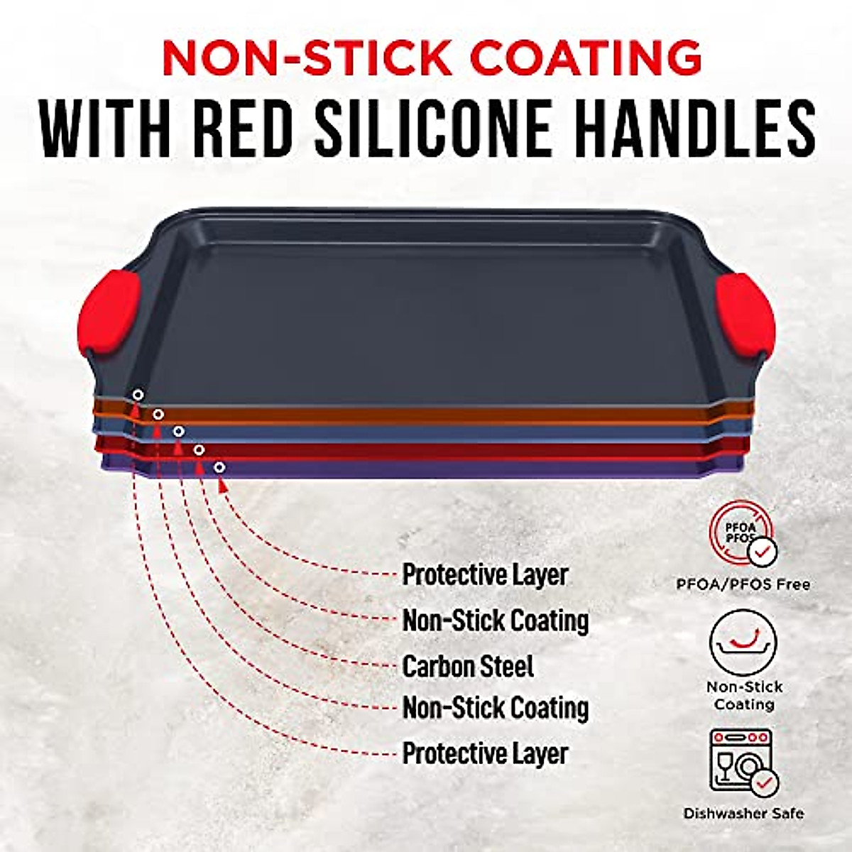 Baking Pan Set – 3 Piece Cookie Sheet – Deluxe Black Non-Stick Carbon Steel – Silicone Handles – Commercial Grade Restaurant Quality – PFOA PFOS and PTFE Free by Bakken