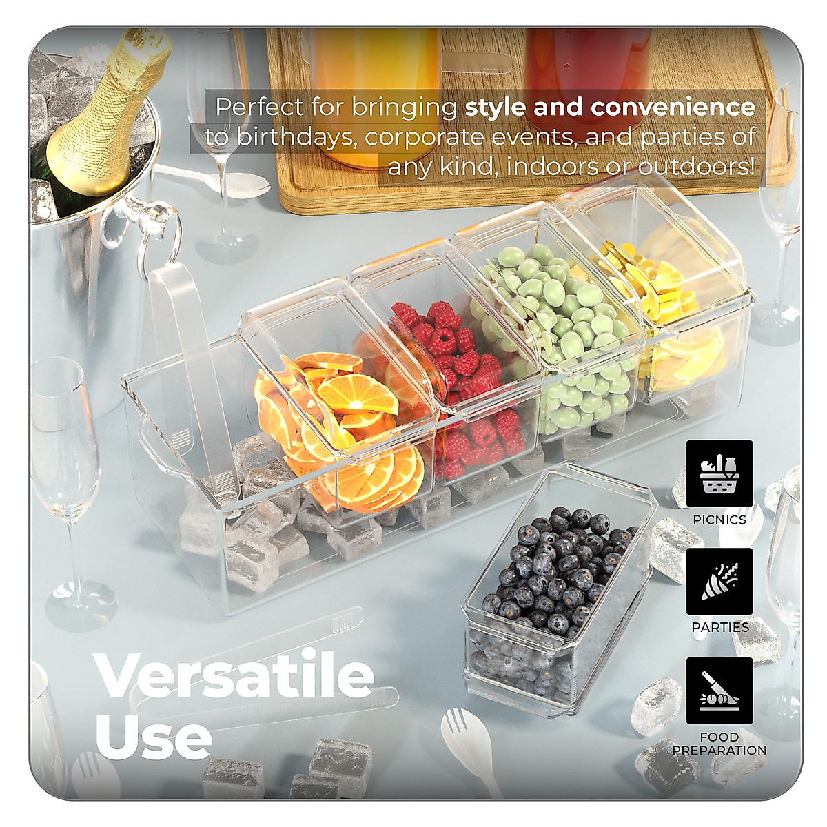 Prime Home Direct Ice Chilled Condiment Caddy | 5 Containers & Lids | Hosting Party Supplies Serving Tray Platter | Buffet, Food Server, Fruit, Garnish, Mimosa, Salad, Taco Bar Accessories Organizer