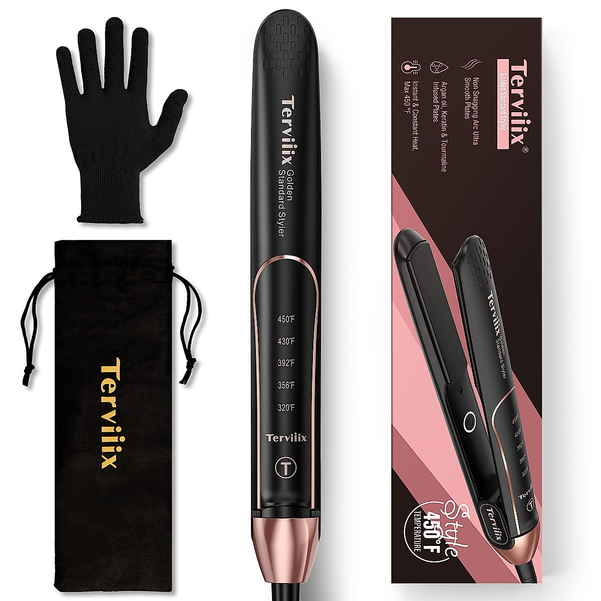 Terviiix Plancha De Cabello Professional 450°F, Non-Snagging Ceramic Flat Iron Hair Straightener 1 inch, 3X Less Damage Hair Iron Straightener and Curler, 15s Fast Heating, 5 Adjustable Heats