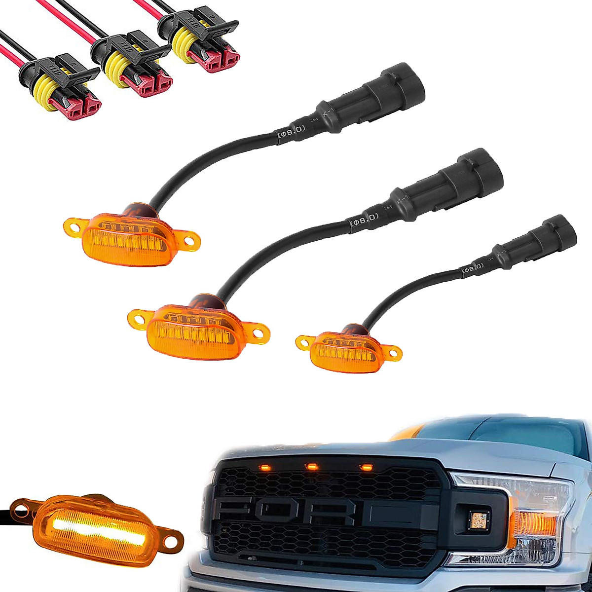 BASIKER Auto Front Grille Lights for 2004-2019 Ford F150 F250 F350 External LED Decoration | 3 Pack Amber Lens