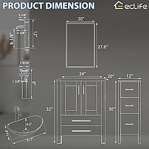 eclife 48" Bathroom Vanity Sink Combo Black W/Side Cabinets Set Gold Boat Tempered Glass Vessel Sink & ORB Water Save Faucet & Solid Brass Pop Up Drain, W/Mirror (A29G B02)