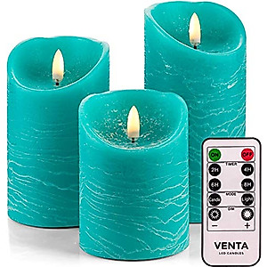 Set of 3 Realistic Flameless Turquoise LED Candles with Remote Control - 4'' 5'' 6'' Electric Wickless Pillar Battery Operated Candles with Flickering Flame Timer