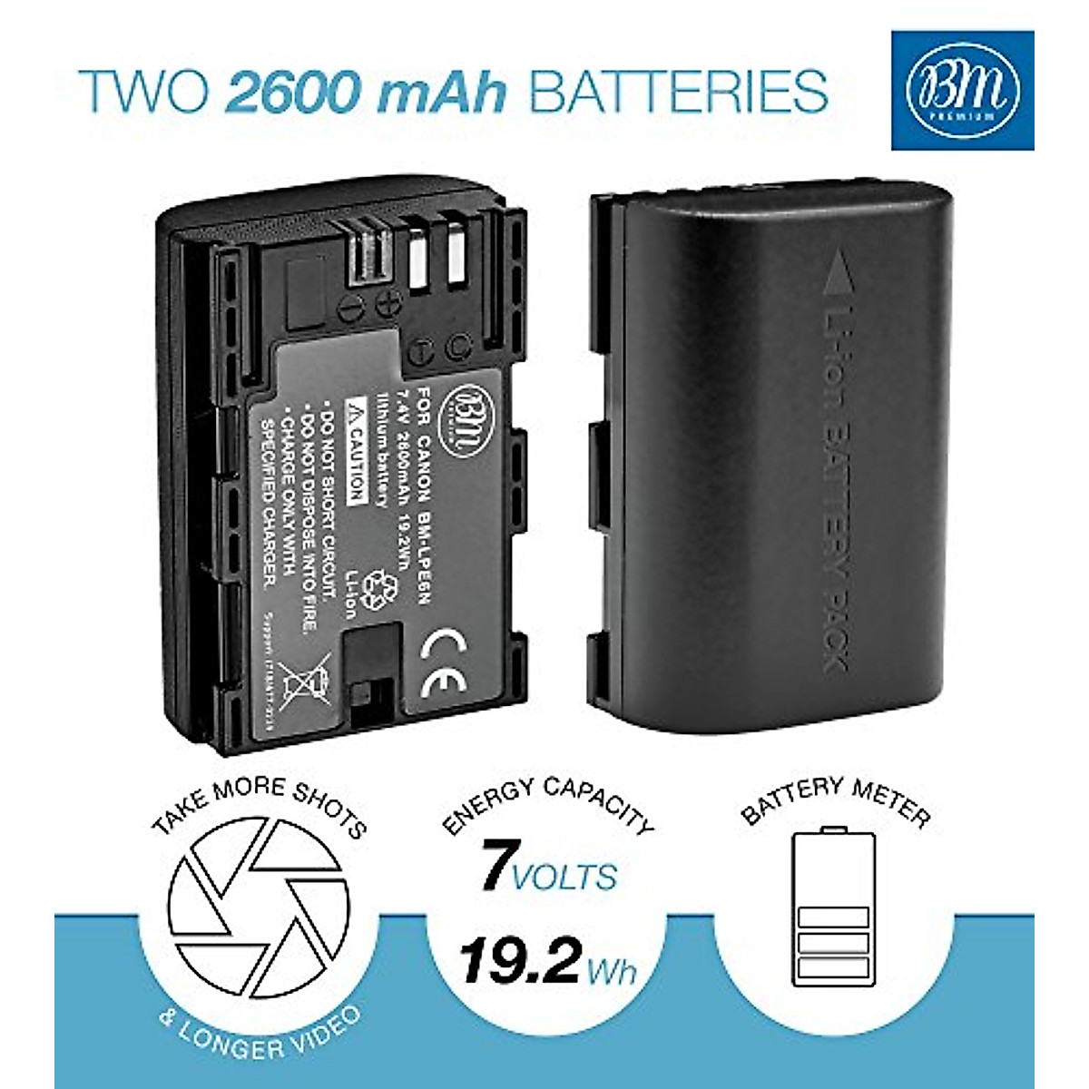 BM Premium 2 LP-E6N Batteries for Canon EOS R, EOS R5, EOS 90D, EOS 60D, EOS 70D, EOS 80D, EOS 5D II, EOS 5D III, EOS 5D IV, EOS 5Ds, EOS 6D, EOS 6D II, EOS 7D, EOS 7D Mark II, C700, XC10, XC15 Camera