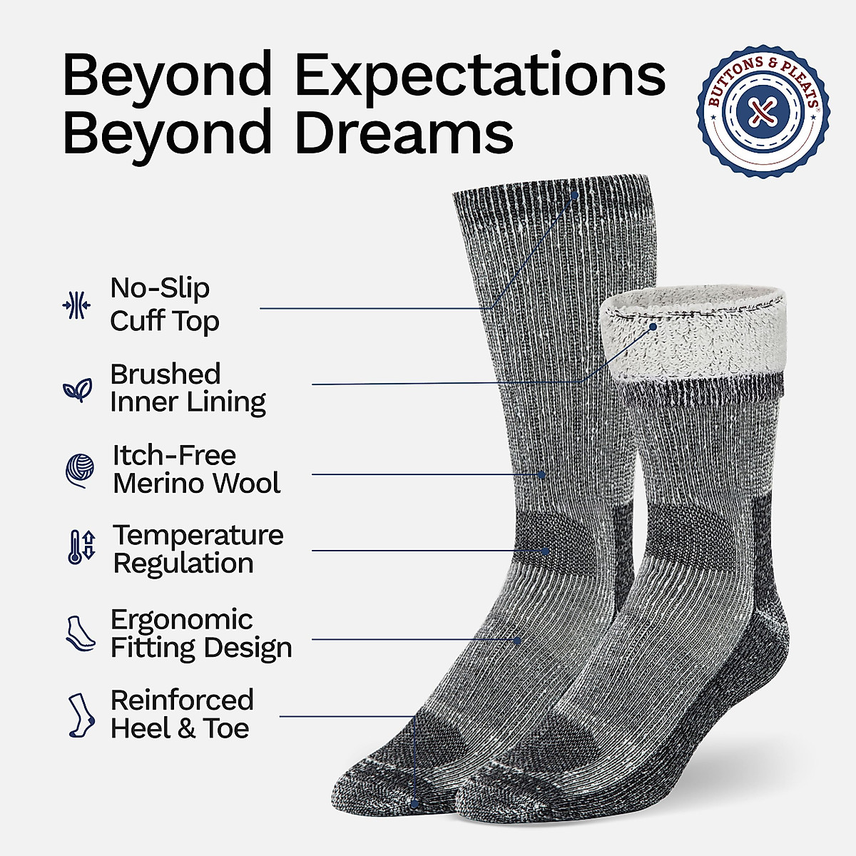 Buttons & Pleats Wool Socks for Men Women Merino Thermal Warm Cozy Winter Fuzzy Boot Sock Charcoal SM