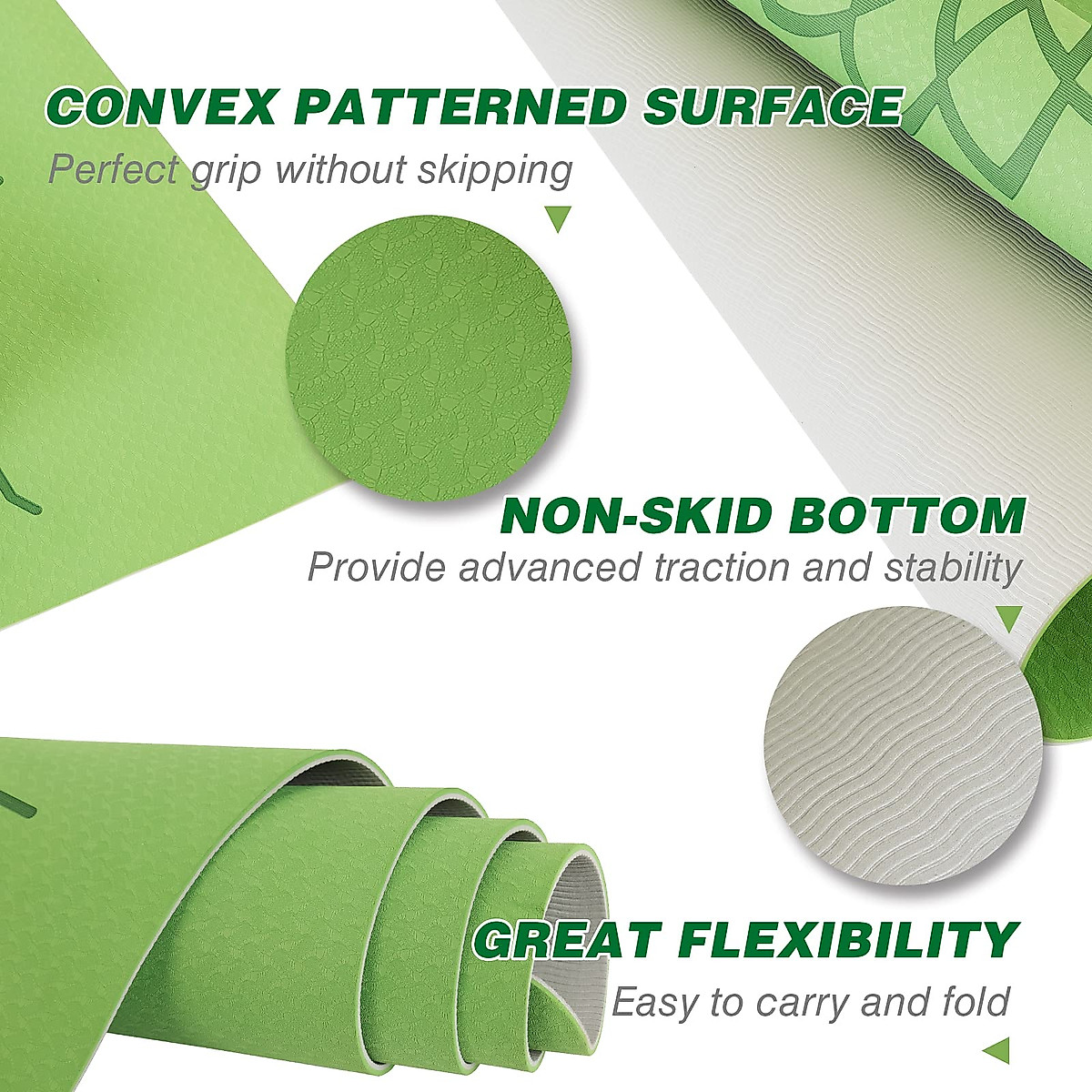 Mat Block Yoga Mat with Non-Slip 1/4" Thick Anti-Tear, High Density TPE Eco-Friendly Foam Material for Home, Pilates and Floor Exercises & Fitness, Green (72" L x 24" W)