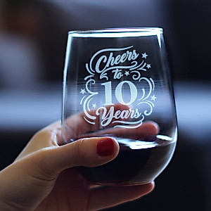Cheers to 10 Years - Stemless Wine Glass Gifts for Women & Men - 10th Anniversary Party Decor - Large 17 Oz Glass