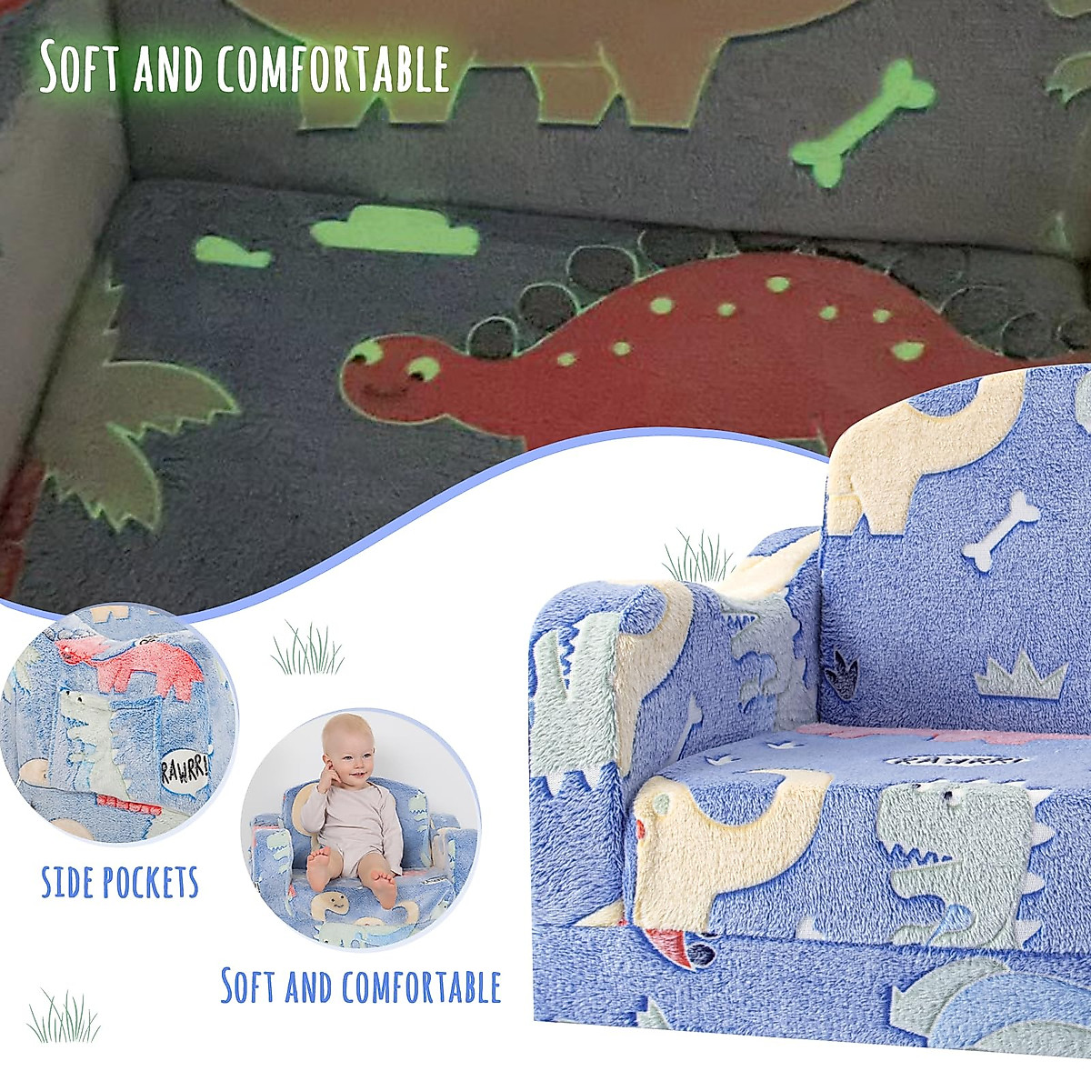 Thick Comfy Toddler Chair and Couch for Kids,2-in-1 Soft Plush Fold Out Sofa for Children,Convertible Couch to Lounger for Toddler