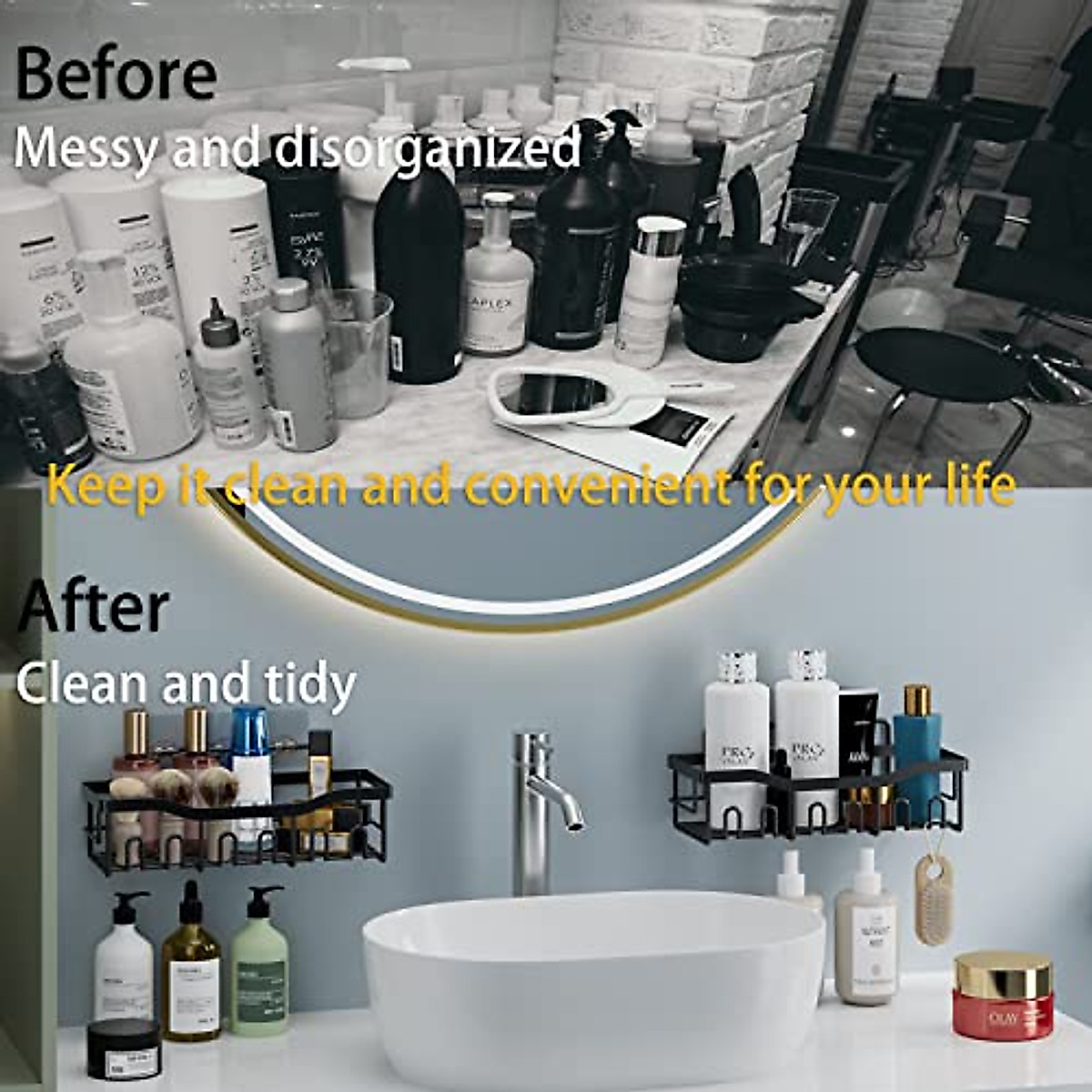 HYPEXA Shower Caddy 5 Packs, Shower Shelves, Adhesive Shower Organizer No Drilling, Large Capacity Wall Mounted Shower Storage, Stainless Steel Bathroom & Kitchen Wall Organization, Black