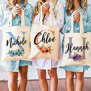 Personalized Wedding Floral Tote Bags Gift for Bridesmaid w/Initial & Name - 8 Design - Customized Canvas Bag for Girls - Custom Beach Shoulder Bag - Maids Bachelorette Party Bridal Shower Gifts C1
