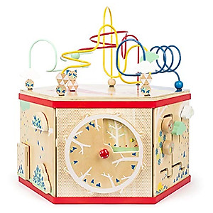 Wooden Activity Cube XL Size by Small Foot – Classic 7-Sided Interactive Toy with Bead Maze, Puzzle, Shape Sorter, Clock & Wheels - Develops Kids Dexterity, Motor Skills – Age 12+ months