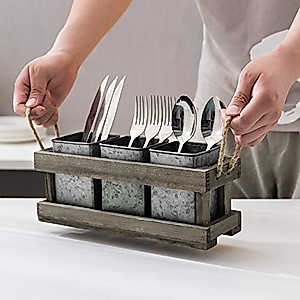 MyGift Vintage Brown Wood Kitchen Flatware Cutlery Silverware Caddy Utensil Holder with 3 Galvanized Metal Removable Storage Cups and Rope Handles