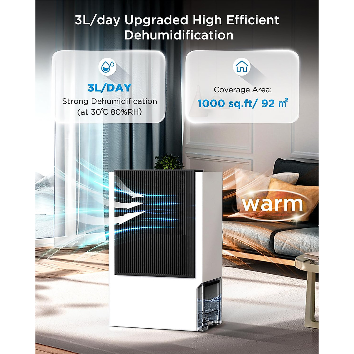 Dehumidifier for Basement with Drain Hose, EasyAcc 2024 Newly [ Rotary 10X Fast Dehumidification/1500 Sq. Ft/Timer/3000ml Per Day] 2 Modes Quiet Portable Dehumidifier for Bedroom Bathroom Large Room