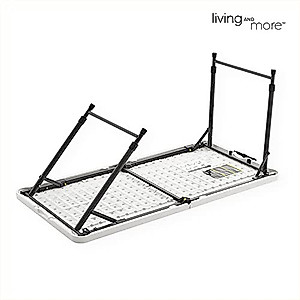 Living and More 4 Foot Height Adjustable Fold-in-Half Table with Carrying Handle, Easy Folding and Storage, Indoor Outdoor Use, White