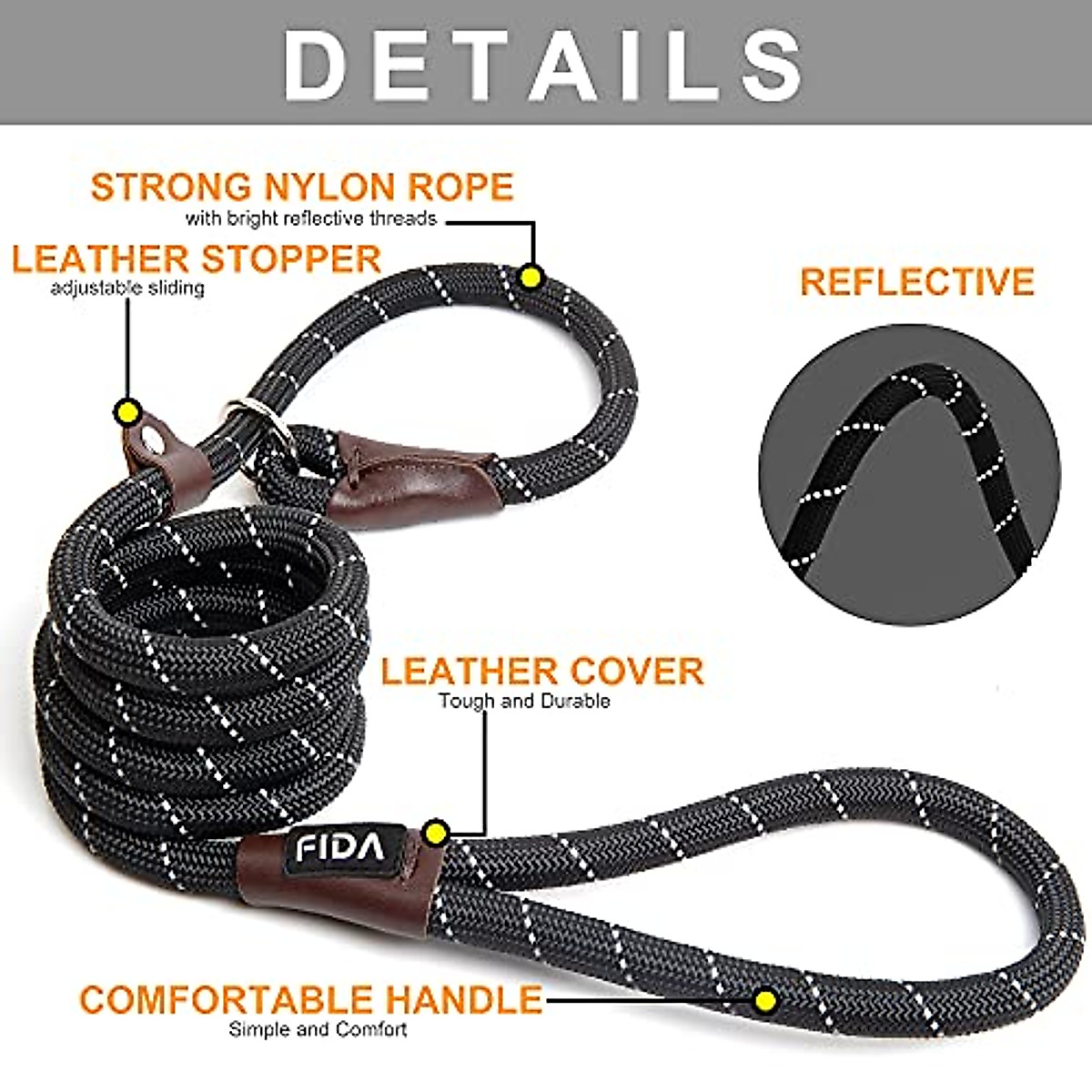 Fida Durable Slip Lead Dog Leash, 6 FT x 1/2" Heavy Duty Dog Loop Leash, Comfortable Strong Rope Slip Leash for Large, Medium Dogs, No Pull Pet Training Leash with Highly Reflective, Black