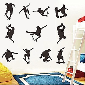ANFRJJI Skateboard Wall Sticker - 11 Different Skaters Silhouettes in Extreme Actions - Removable PVC Vinyl Decals for Sports Youth Room and Bedroom - Skating Wall Art Mural JWH131 (Black)