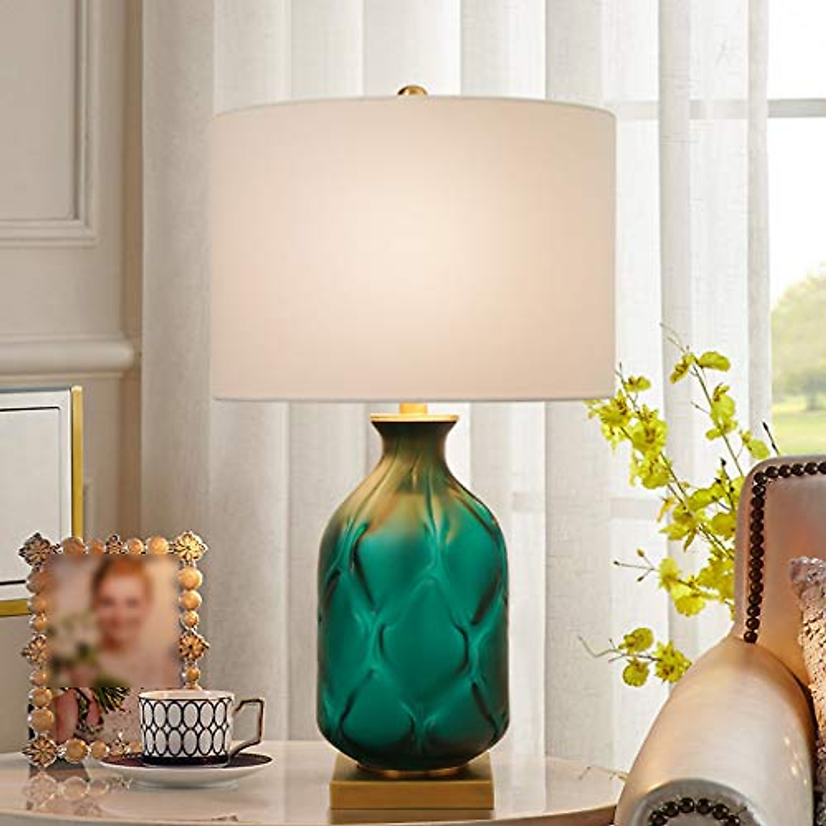 VejiA Bedside Lamps, Glass Desk Lamp, Square Copper Base Warm Light Cloth Lampshade Reading Lamp Study Office Library Desktop Decorative Lights E27 Reading Lamp/Green/35 * 35 * 62C