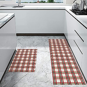 Miaklek Christmas Farmhouse Lattice Kitchen Mats for Floor Anti Fatigue Mats for Kitchen Floor Kitchen Rugs Cushioned Mats Non Slip Comfort Standing Kitchen Rugs Set of 2, Red and Green Plaid