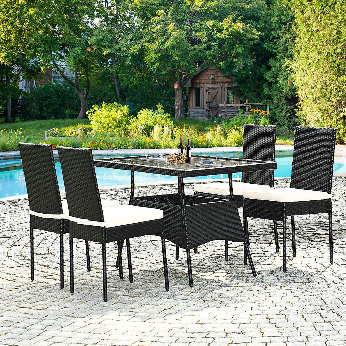 HAPPYGRILL 5-Piece Patio Dining Set Rattan Wicker Table Chairs Set with Cushions & Tempered Glass Table Top, Patio Furniture Outdoor Dining Set for Garden Poolside