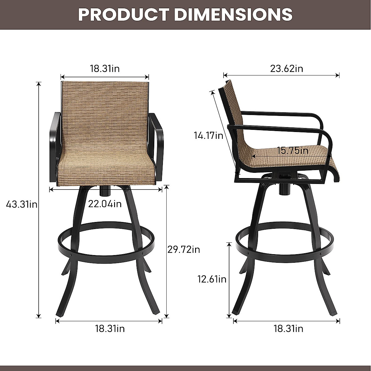 Pellebant Swivel Bar Stools Set of 2, Outdoor Aluminum Bar Height Chairs, All Weather Furniture for Patio, Pool, Garden, Backyard, Brown