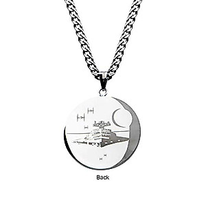 Star Wars Jewelry Unisex Adult Stainless Steel Galactic Empire and Death Star Etched Small Pendant Necklace 26 inch, Black/Silver, One Size, Black, Silver