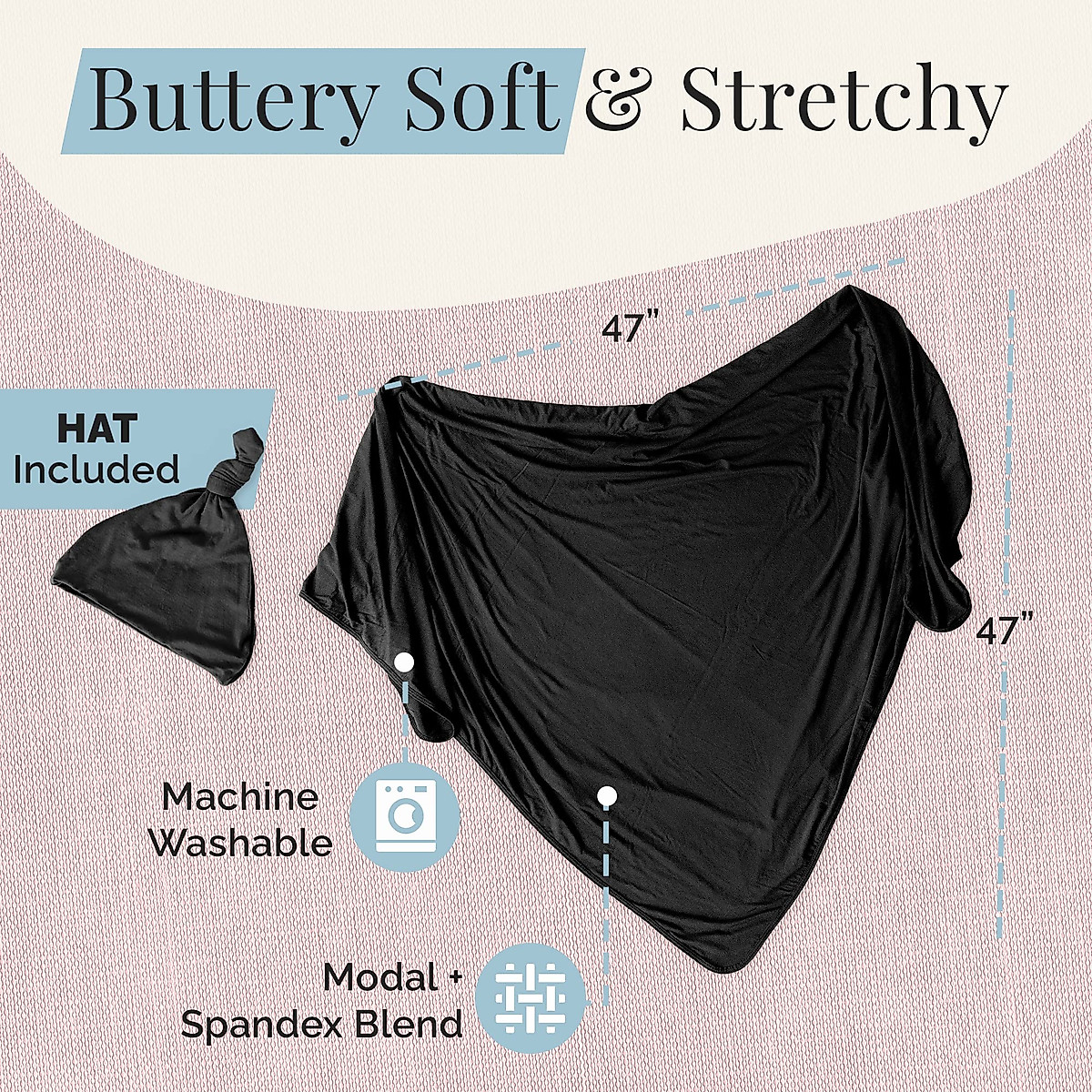 Stroller Society - Newborn Swaddle and Hat Set, Stretchy and Comfortable Baby Swaddle Blanket, Use as Receiving Blanket, Toddler Blanket and More, Black, 47 x 47 inches