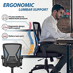 KOLLIEE Mid Back Mesh Office Chair Ergonomic Swivel Black Mesh Computer Chair Flip Up Arms with Lumbar Support Adjustable Height Task Chair