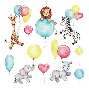 Animals with Balloons Nursery Decor Cute Jungle Animals Safari Balloons Wall Decals Giraffe Lion Zebra Hippo Elephant Vinyl Wall Stickers for Kids Boys Girls Bedroom Daycare Classroom Playroom and Kids Room Wall decor