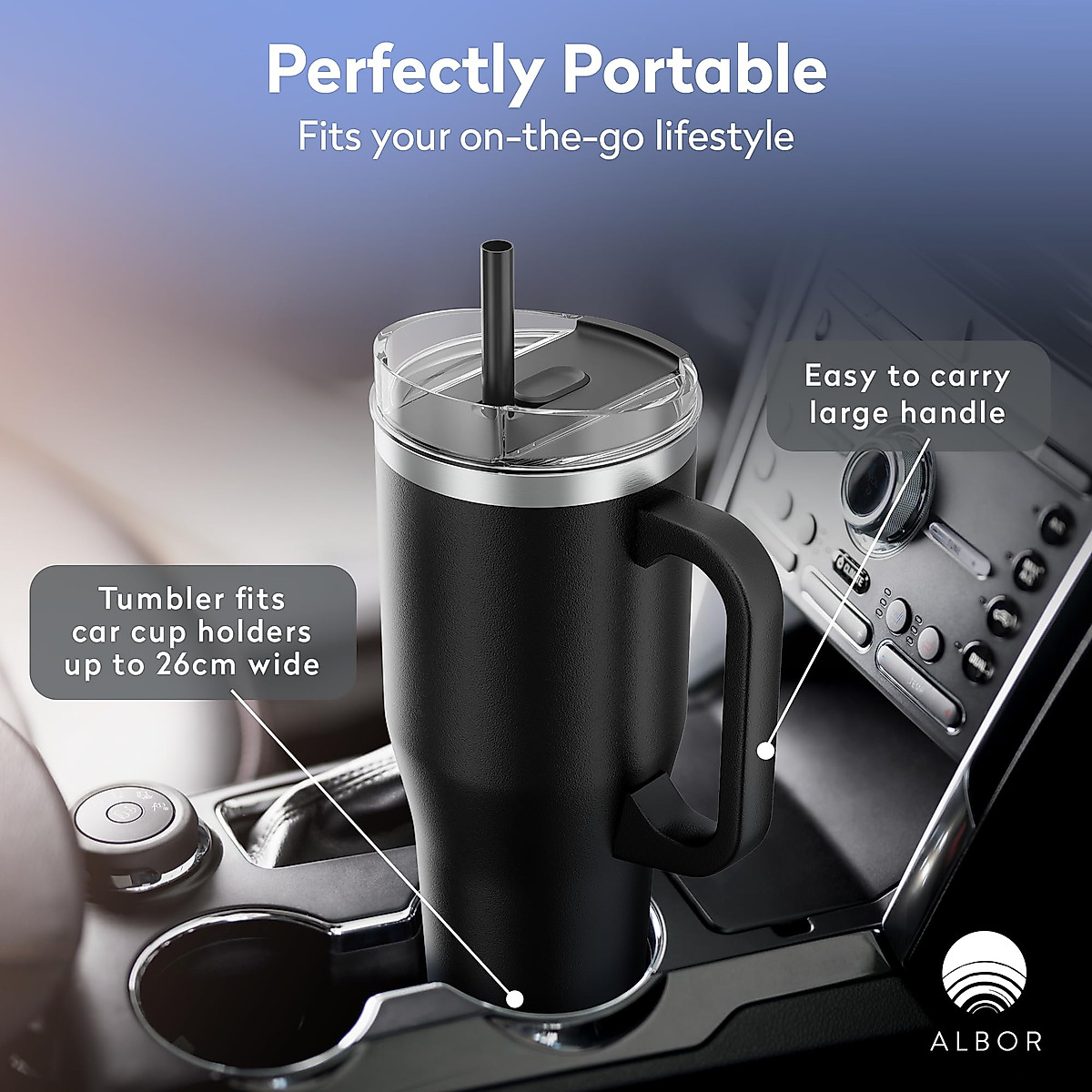 ALBOR 40 oz Tumbler With Lid and Straw, Leak Proof Durable Stainless Steel Insulated Tumbler With Handle, Spill Proof Water Bottles With Straw (Midnight, 40 oz)