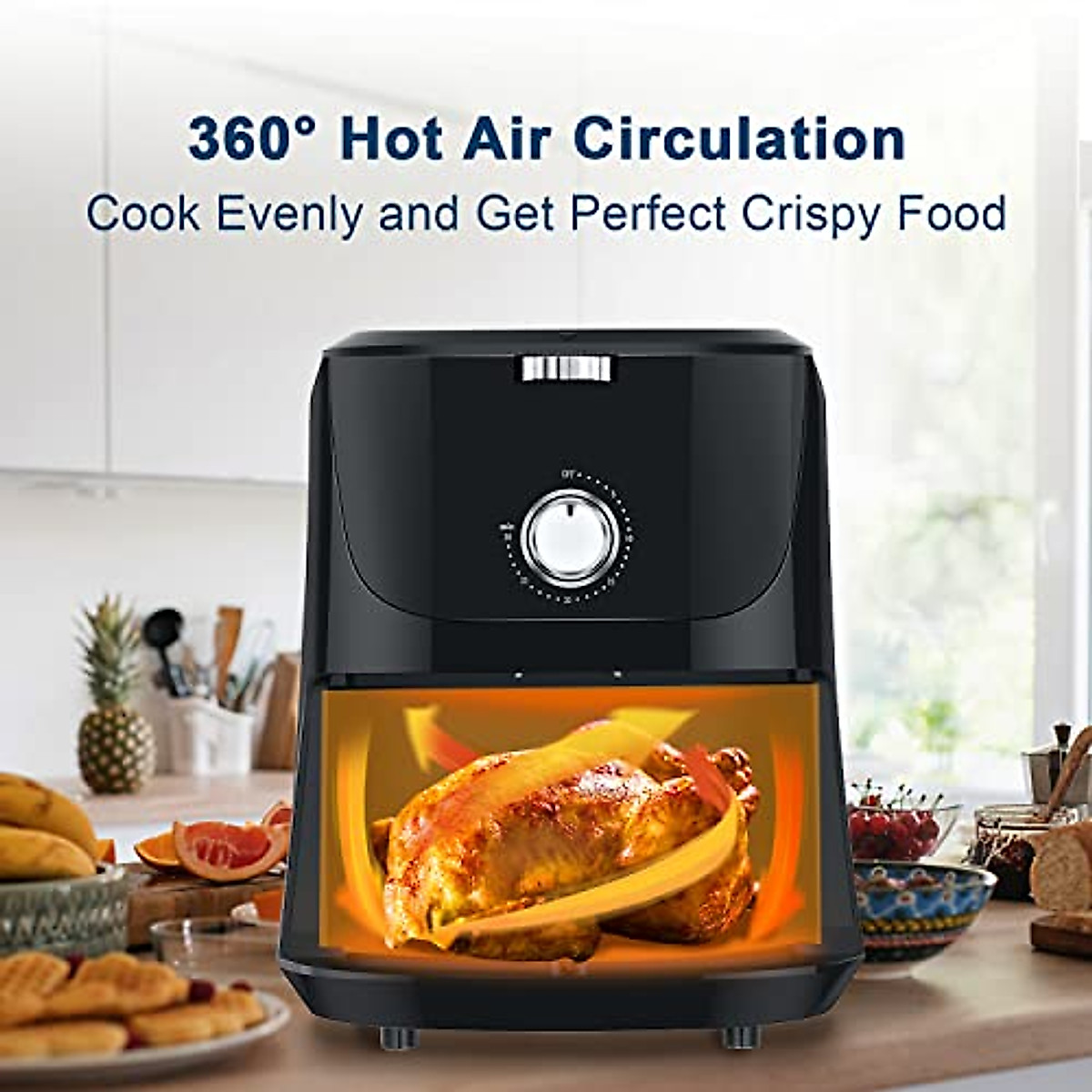 LATURE 4.2 QT Air Fryer Oven Cooker with Temperature and Time Control Dishwasher Non-stick Basket 6 Cook Presets CE Certified Black (Black-Knob)