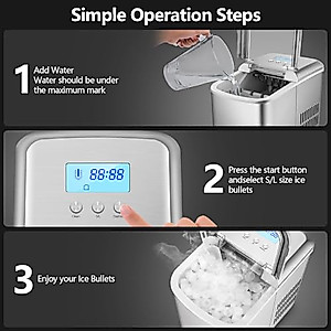 KUMIO Ice Makers Countertop with Self-Cleaning, 9 Pcs/6-8 Mins, 26.5 Lbs/24 Hrs, 2.1L Water Tank, 2 Sizes of Bullet Ice for Home/Party, LCD Digital Control Panel, Ice Basket & Scoop, Stainless Steel