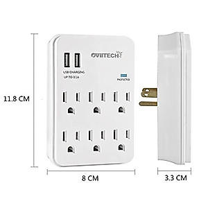 6 Outlet Extender Surge Protector Wall Mount Adapter with Dual 3.1A USB Charging Ports,Oviitech Multi Plug Outlets,6 AC Socket Outlet Splitter,450 Joules Surge Suppression,White, ETL Certified（2 Pack）