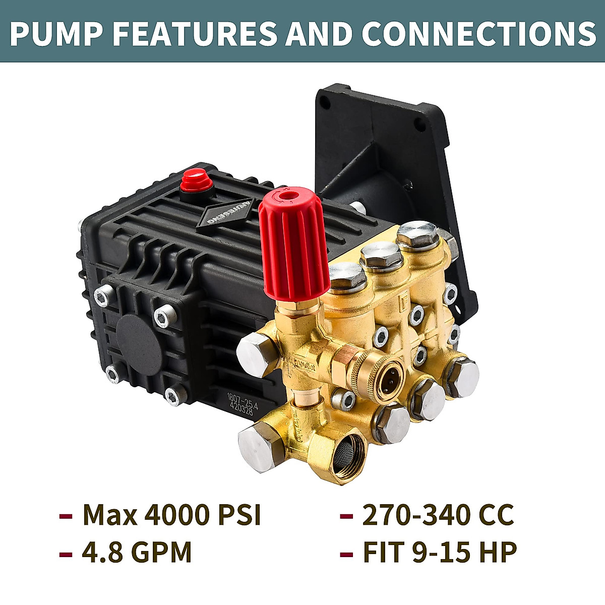 ANJIESENG 4000 PSI Pressure Washer Pump Horizontal Pressure Washer Triplex Plunger, 1'' Shaft 4.8 GPM Power Washer Pump Replacement for Most Gas Engine Power Washer with Easy Pressure Adjustment