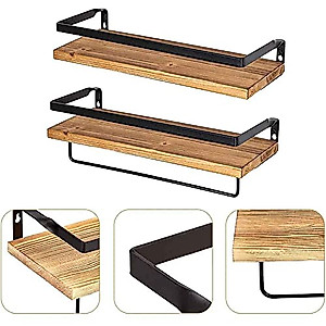 AIM & GGKK Floating Shelves with Towel Bar, Light Brown Wall Shelves for Bathroom/Living Room/Bedroom.(Set of 2)