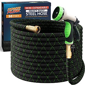 PowerFlow Garden Hose, NON-EXPANDABLE 50 Feet Premium Quality Stainless Steel Metal Water Hose with Durable Fabric Skin, Hose For Commercial, Residential Use, Bonus 10-way Spray Nozzle (50 Ft, Black)