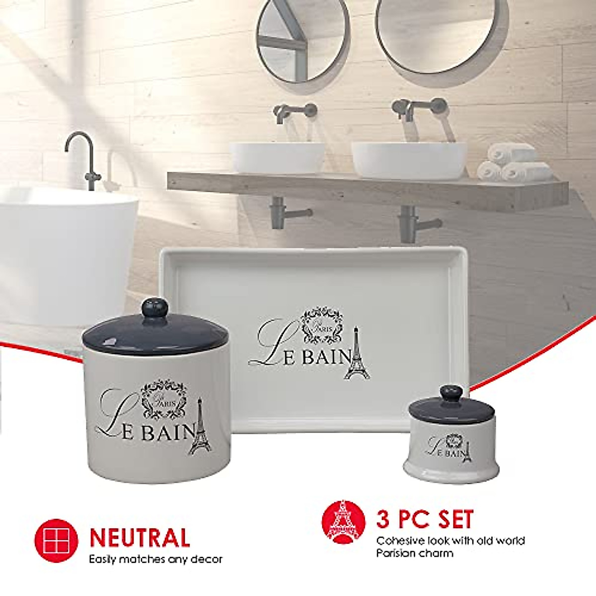 Home Basics, White Le Bain Paris 2 Piece Canister Set with Coordinating Ceramic Vanity Tray