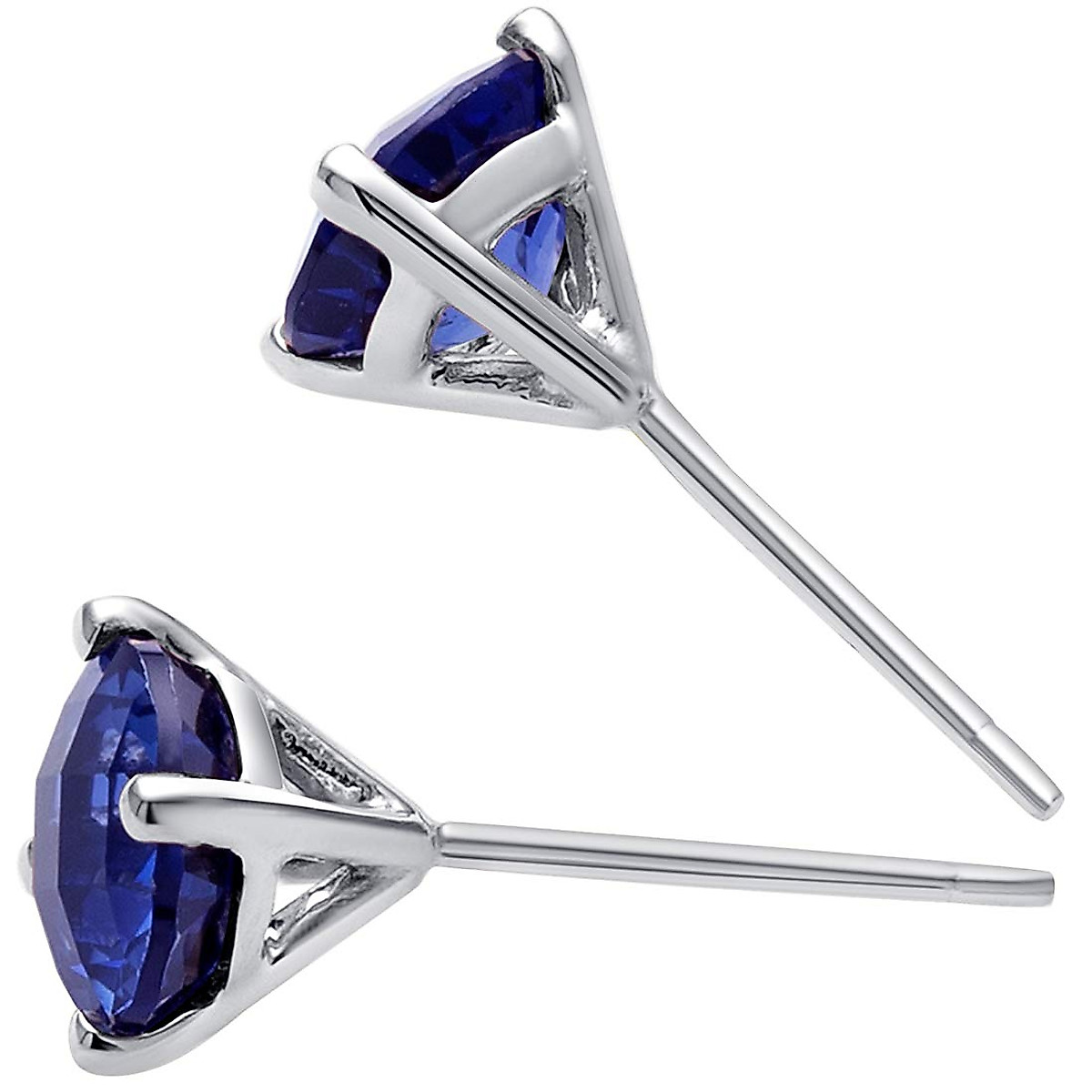 Peora Solid 14K White Gold Created Blue Sapphire Stud Earrings for Women, Classic Solitaire Round Shape, 6mm, 2.25 Carats total, Friction Back, Blue Earrings, September Birthstone Gift