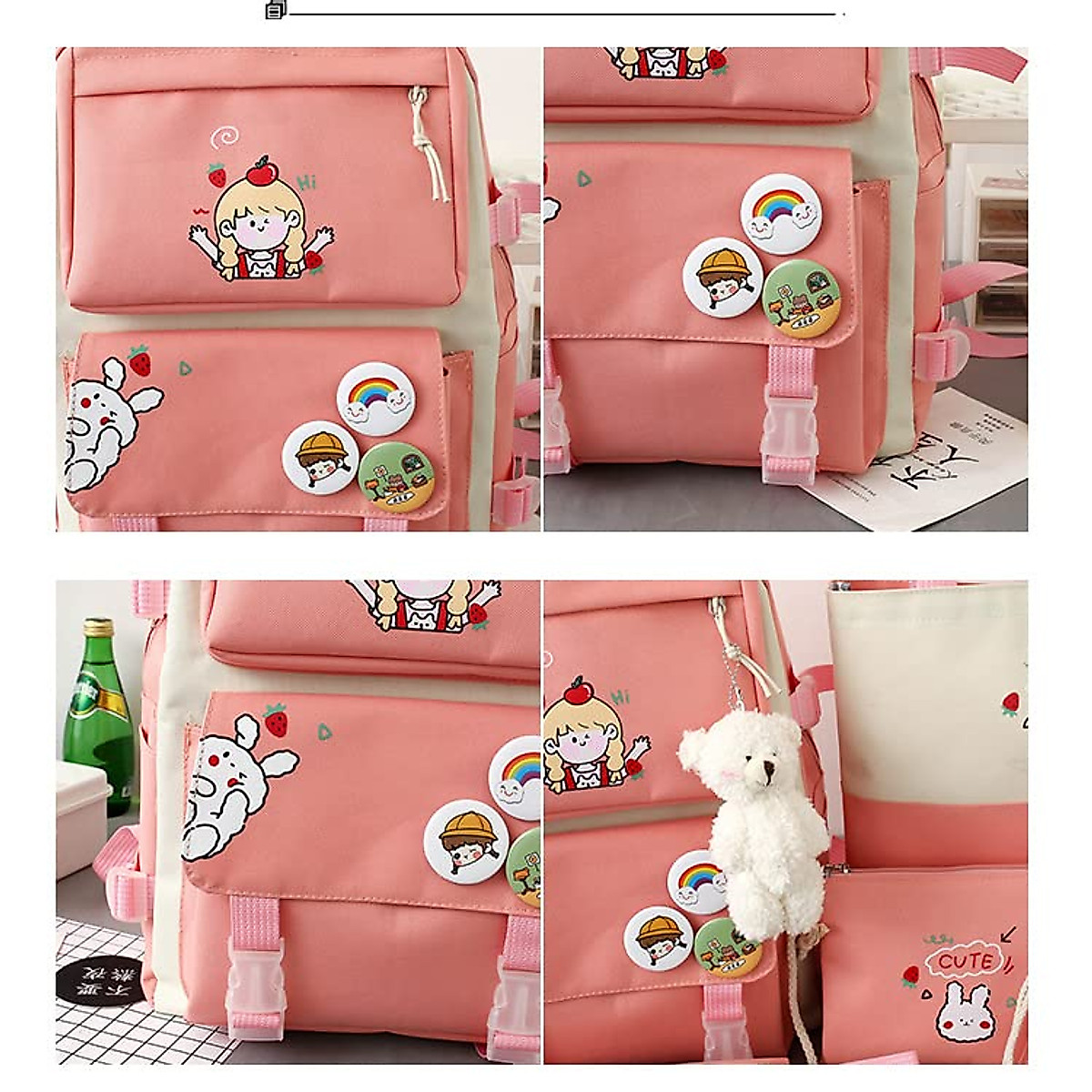 5Pcs Cute Backpack Set Kawaii School Bags Supplies Laptop Bookbag Aesthetic Ita Bag Back to School Stationary Accessories (Black)