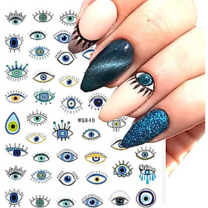 Evil Eye Nail Art Stickers Decals 7 Sheets Self Adhesive Pegatinas Uñas Turkish Blue Eye Hamsa Hand Eye of Fatima Cartoon Charms Design Manicure Tips Nail Decoration for Women Girls Gift