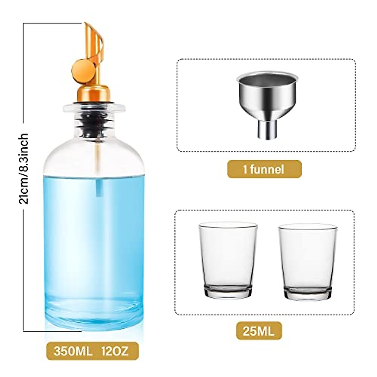 Mouthwash Dispenser for Bathroom Mouth Wash, 12 oz Mouthwash Glass Containers with Cups, Pour Spouts, Funnel and Labels, Clear Glass Bottles Mouthwash Decanter