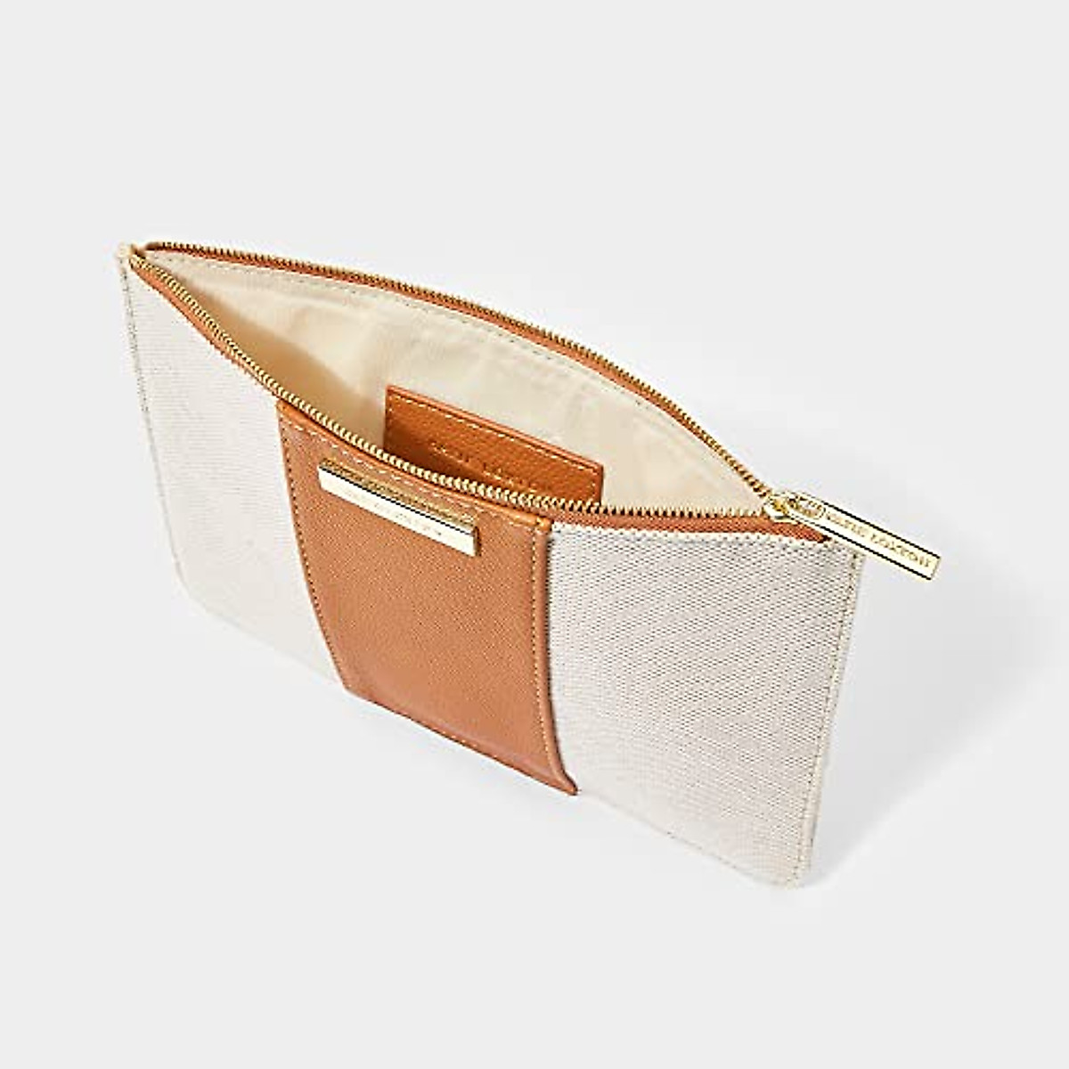 KATIE LOXTON Amalfi Womens Medium Canvas and Vegan Leather Slip Pocket Clutch Pouch Cream and Brown