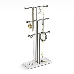 Umbra Trigem Hanging Jewelry Organizer Tiered Tabletop Free Standing Necklace Holder Display, 3, White/Nickel
