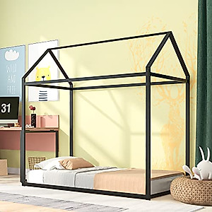 AOCOROE Twin Size House Bed Frame Floor Height Platform Bed for Boys and Girls. Metal Twin Bed House Shaped Canopy Bed Frame with Slats