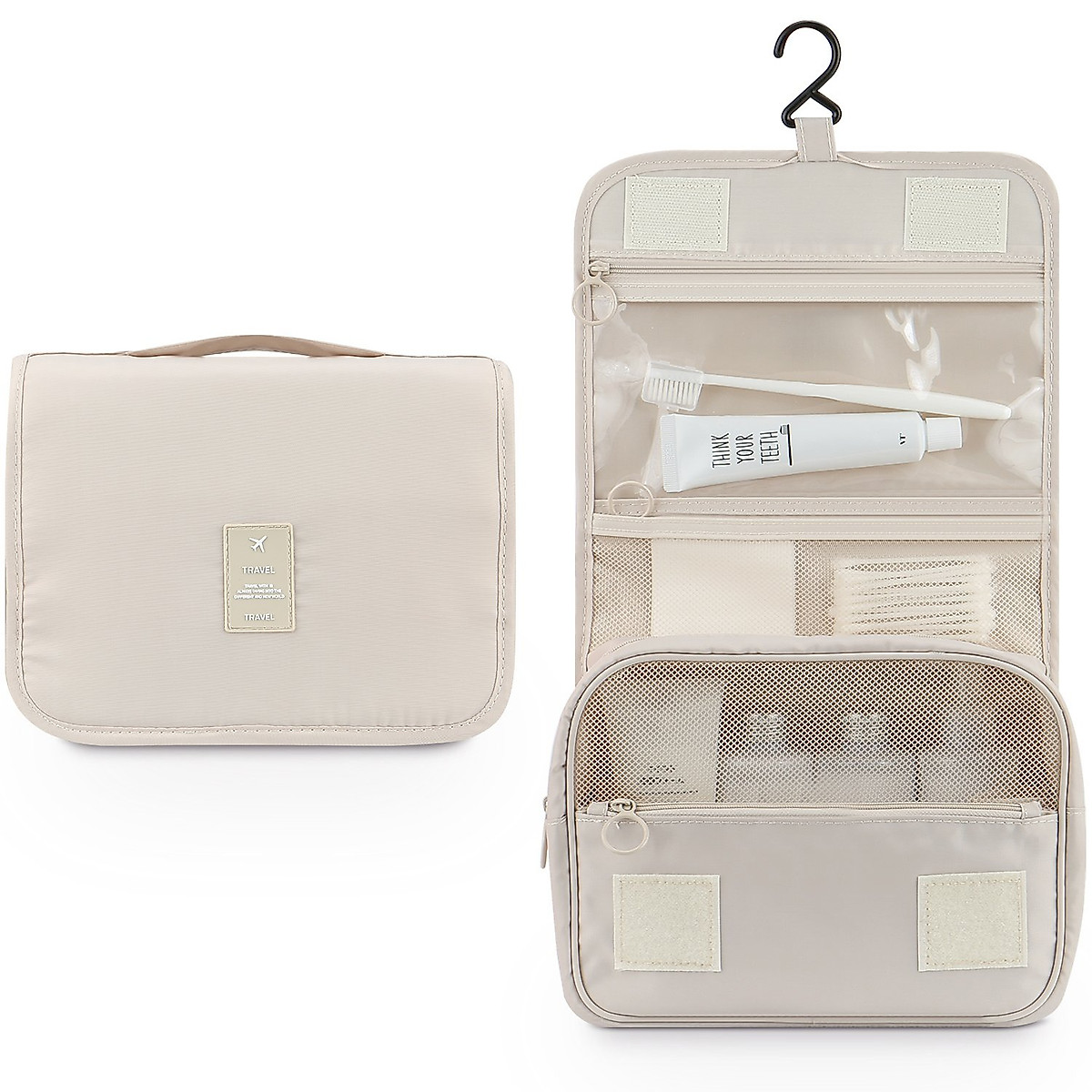 Mossio Hanging Toiletry Bag - Large Cosmetic Makeup Travel Organizer for Men & Women with Sturdy Hook (Beige)