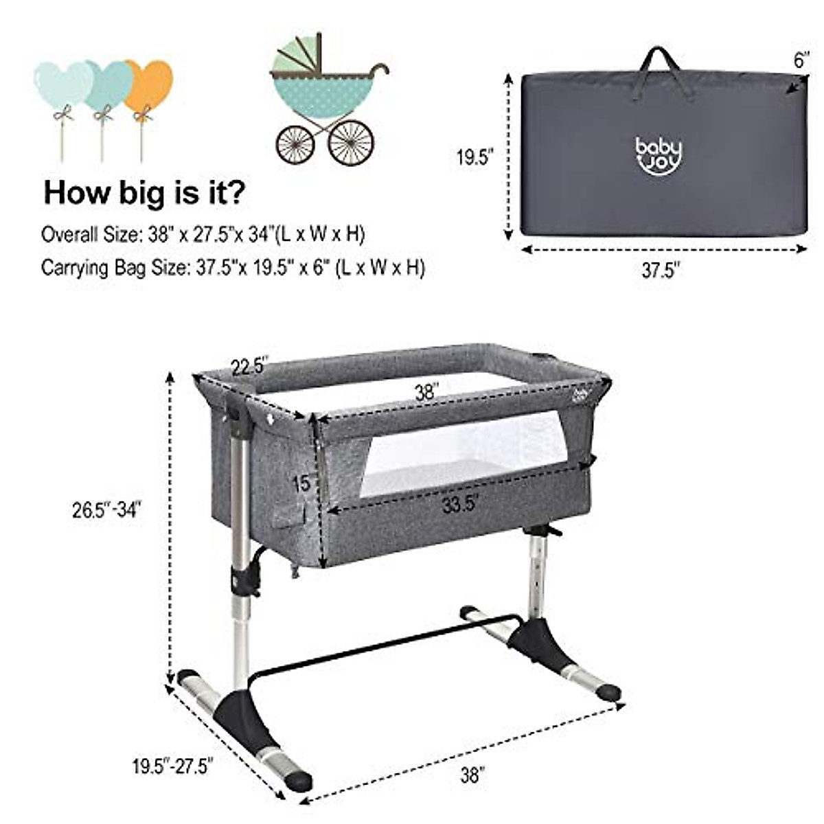 BABY JOY Baby Bedside Crib, Portable Travel Sleeper Bed Side Bassinet w/Carrying Bag, Newborn Bassinet to Infant, Kids Crib with Detachable Mattress, Height & Angle Adjustable, Breathable Mesh, Grey