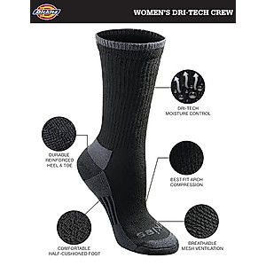 Dickies Women's Dritech Advanced Moisture Wicking Crew Socks, Black Assorted (6 Pairs), Shoe Size: 6-9