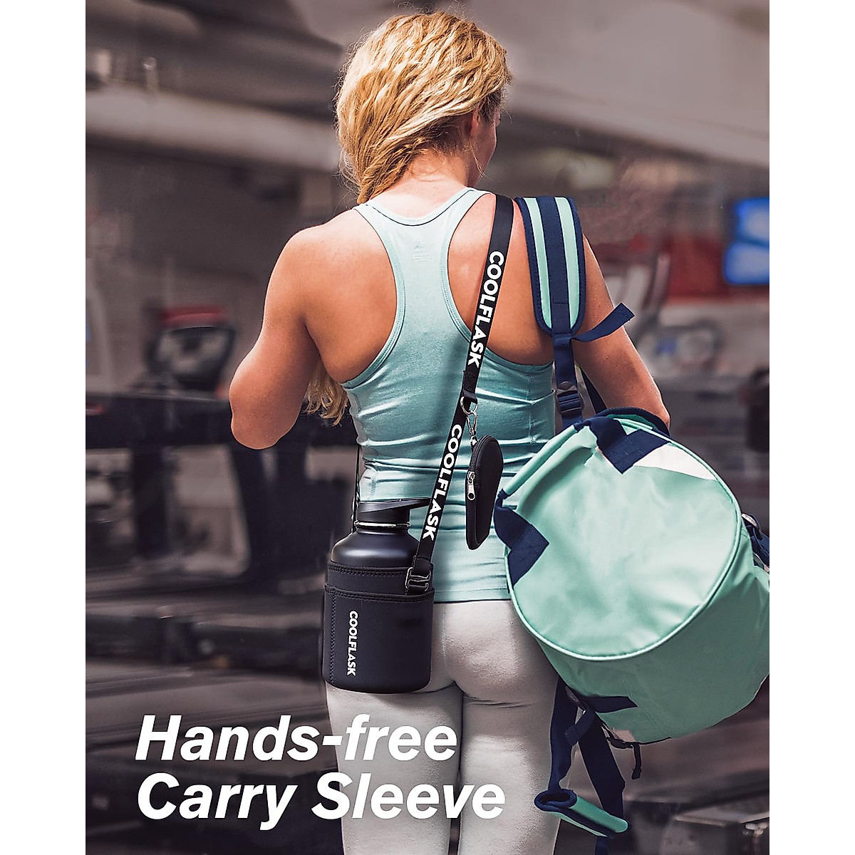 Coolflask 64 oz Insulated Water Bottle with Strap & Sleeve, Half Gallon Water Jug 3 Lids Stainless Steel Multifunctional Flask BPA-Free, Keep 48H Cold 24H Hot, Compact Yoga/Gym Bottle, Black