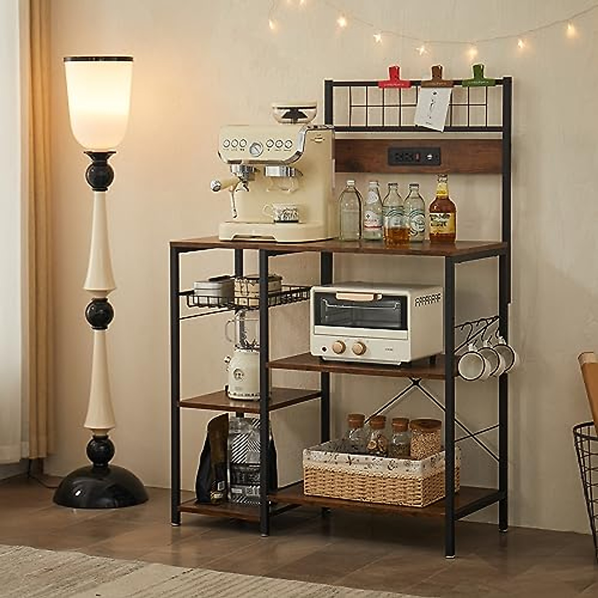 Leesingdo Kitchen Bakers Rack with Power Outlet, Microwave Stand, Coffee Bar Kitchen Storage Rack with Wire Basket, 6 Hooks, Kitchen Shelves for Spices, Pots, and Pans, Rustic Brown