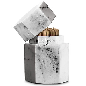 bdecor Toothpick Holder, Toothpick Holder Dispenser with Lid, Marble Effect