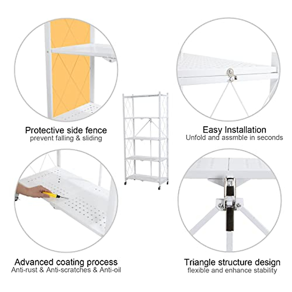 Muichi Folding Shelf 5-Tier, Foldable Shelves with Wheels, Heavy Duty Shelving Unit, Sturdy Metal Shelf Storage Organizer Rack for Kitchen, Garage, Home, Office, Garden (White)